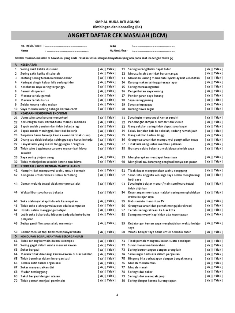 Angket Daftar Cek Masalah (DCM) : Bimbingan Dan Konseling (BK) SMP Al-Huda Jati Agung | PDF
