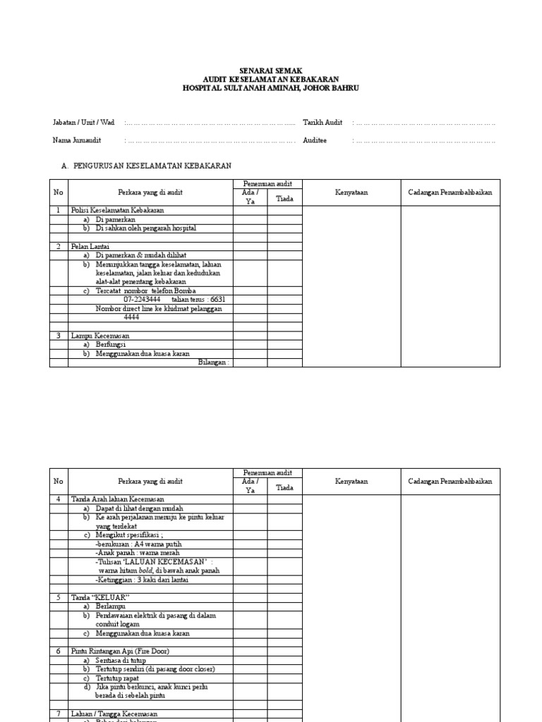 Borang Audit Kebakaran | PDF