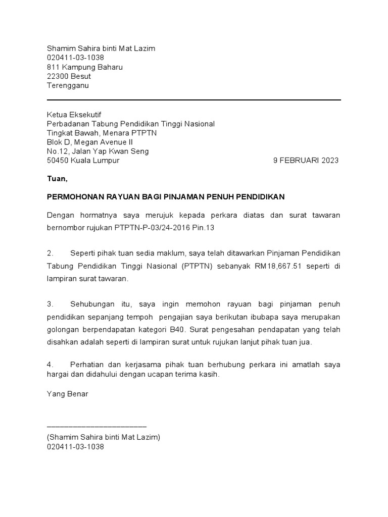 Surat Rayuan PTPTN | PDF