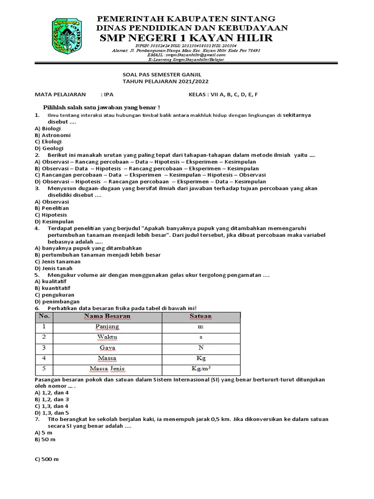 Soal Pas Ipa Semester Ganjil 2021 | PDF | Sains & Matematika