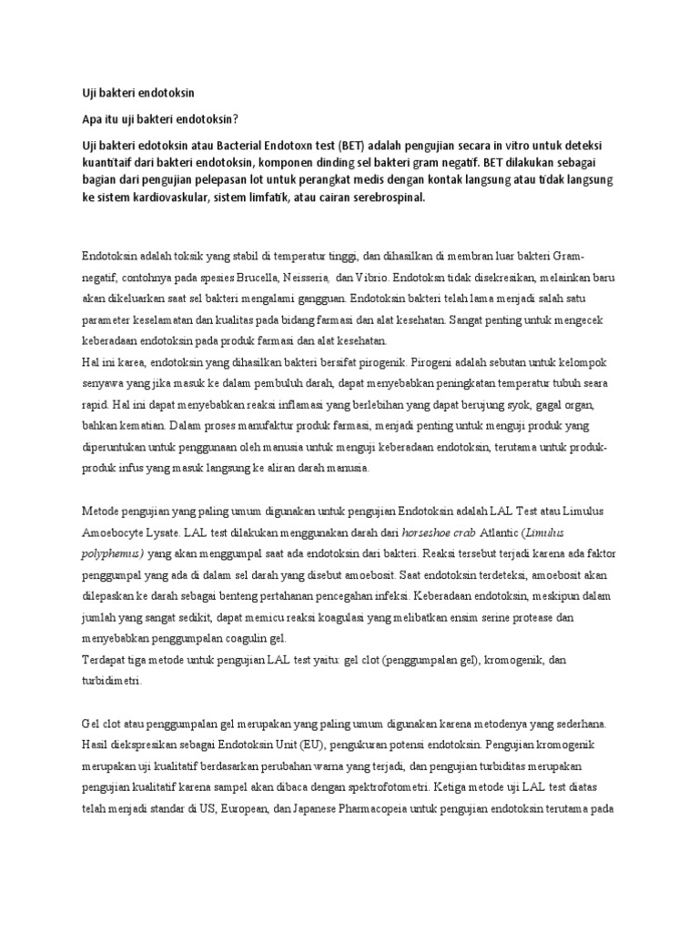 Uji Endotoksin Bakteri: Metode dan Prosedur | PDF