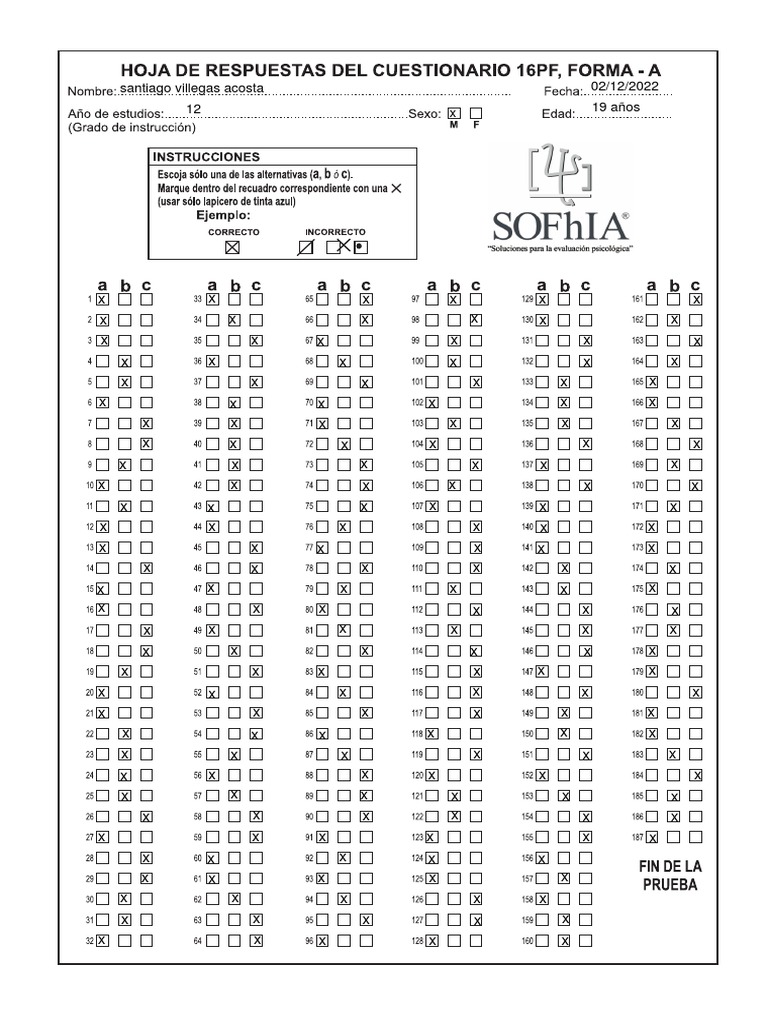 Hoja de Respuestas 16pf Resuelta | PDF