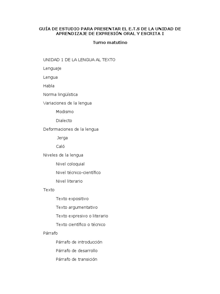 Guía de Estudio ETS - Expresión Oral y Escrita 1 - T.M | PDF