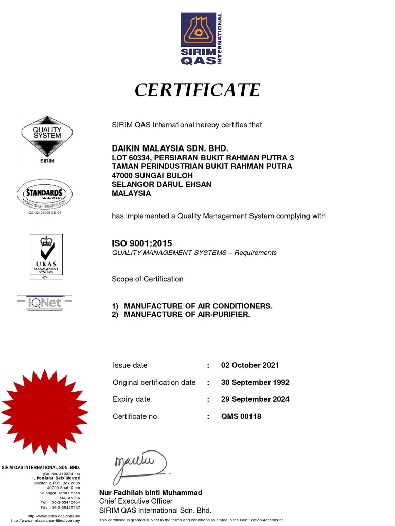 ISO 9001-2015 Certificate 2021 - Daikin Malaysia | PDF | Business ...