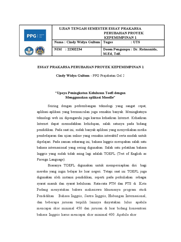 Ujian Tengah Semester Essay Prakarsa Perubahan Proyek Kepemimpinan - Cindy Widya Gultom | PDF