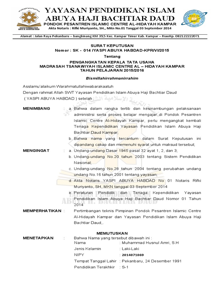 SK Pengangkatan Kepala Tata Usaha Ppica 2018 - 2020 | PDF