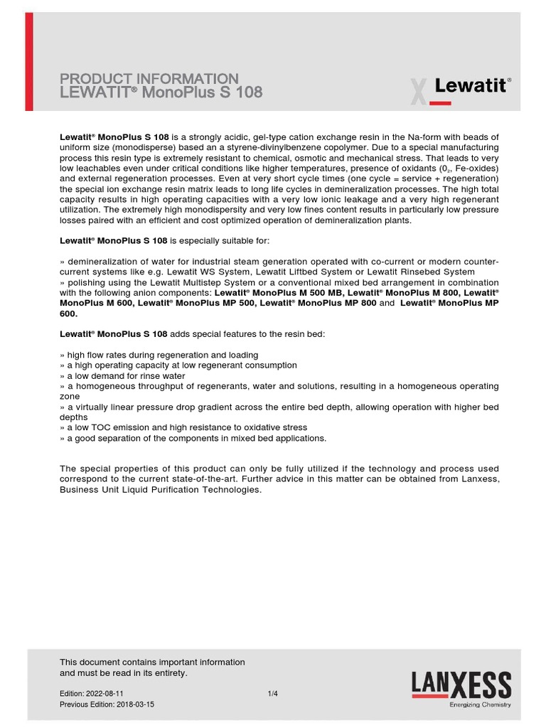 Lewatit® MonoPlus S 108-EN-GB | PDF | Water | Sulfuric Acid