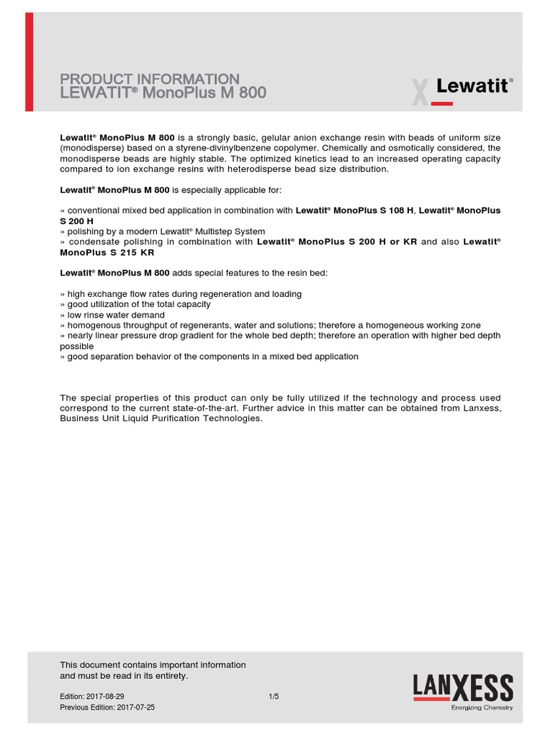 Lewatit® MonoPlus M 800 2321 | PDF | Ion Exchange | Water