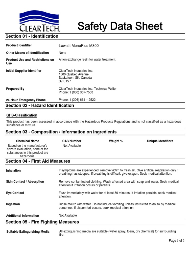 Lewatit MonoPlus M800 CTI SDS | PDF | Dangerous Goods | Toxicity