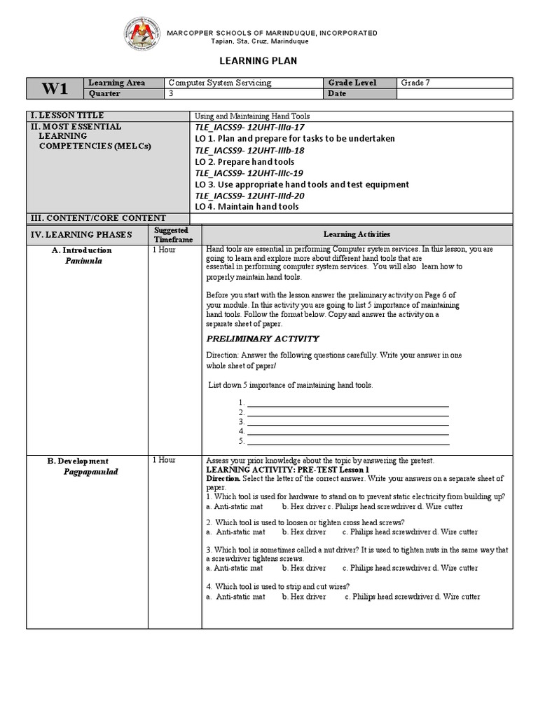 Learning Plan TLE ICT 7 | PDF | Learning | Screw