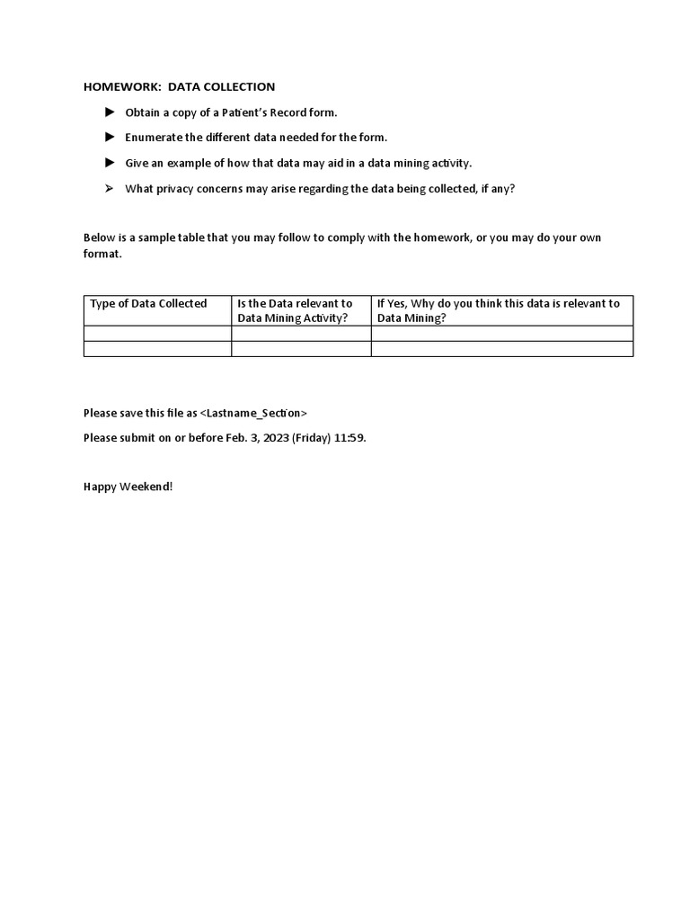 Patient Data Collection Homework | PDF