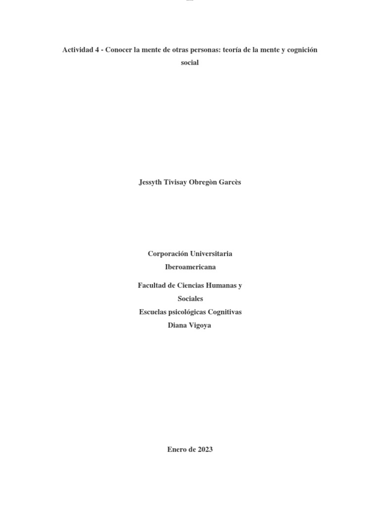 Actividad 4 Teoría De La Mente Y Cogniciòn Social 2 Pdf Teoria De La Mente Las Emociones 
