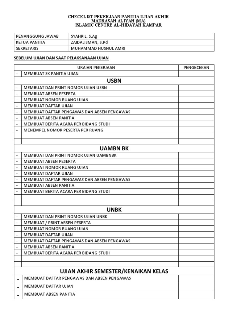 Checlist Kinerja Panitia | PDF | Karier & Perkembangan