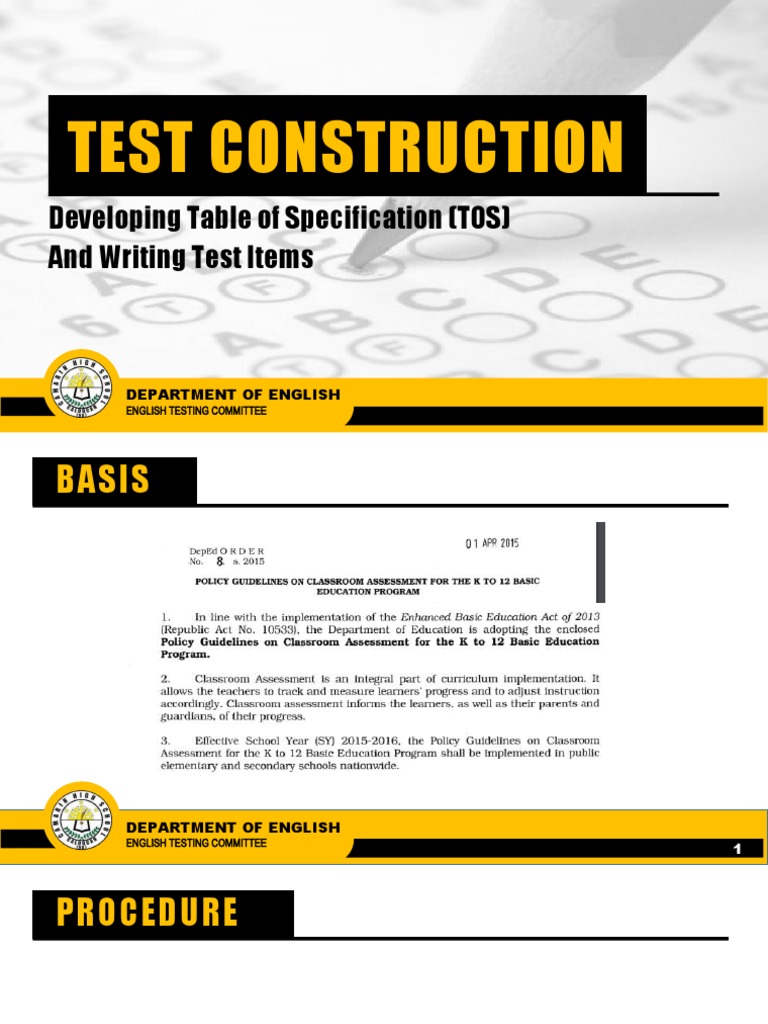 Test Construction and TOS Development | PDF | Multiple Choice | English ...