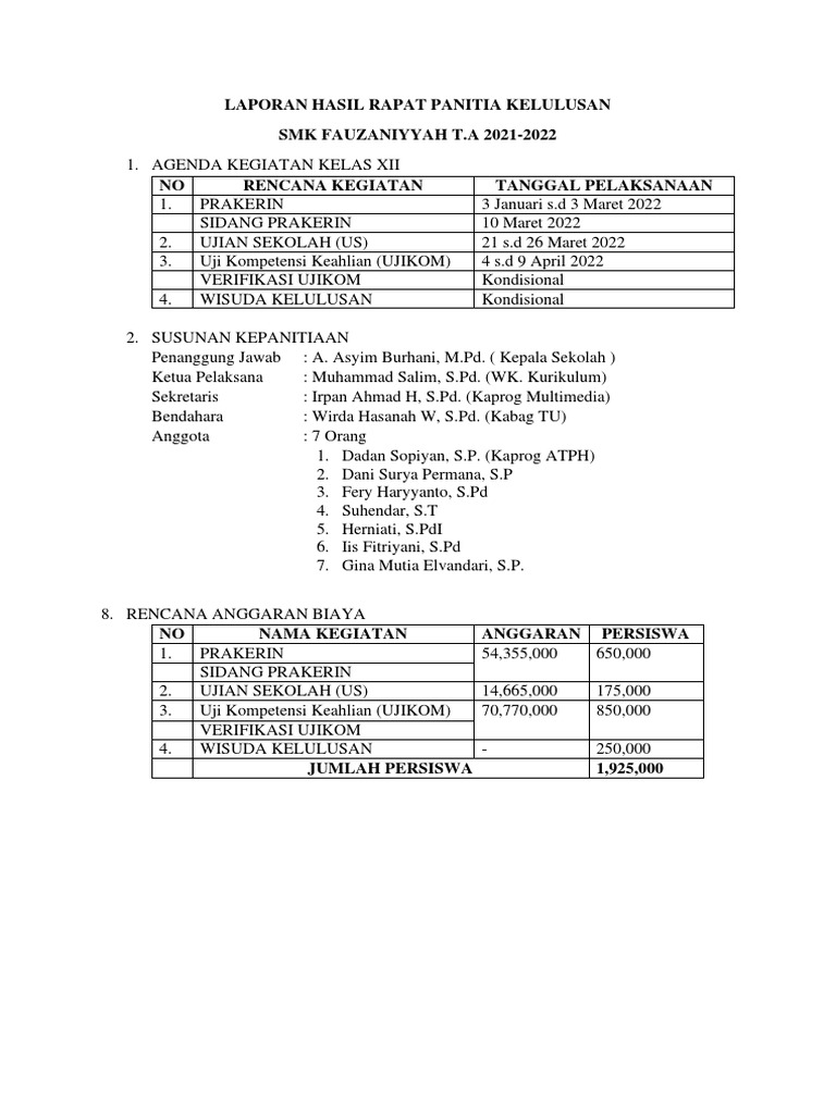 Laporan Hasil Rapat Panitia Kelulusan | PDF
