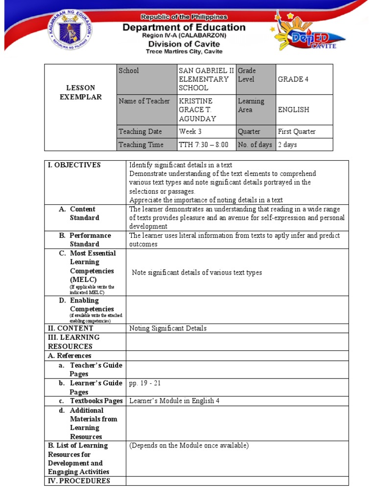 Lesson Exemplar Agunday, Kristine Grace Week-3-English | PDF | Tsunami ...