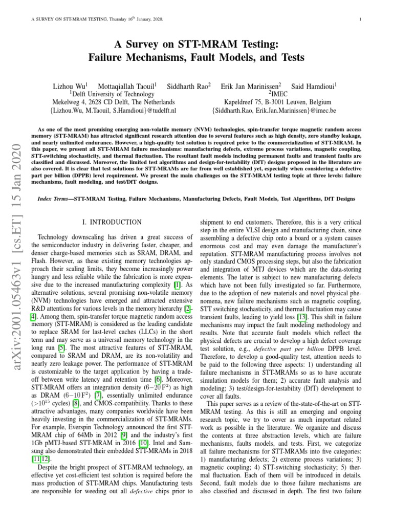 A Survey On STT-MRAM Testing - Failure Mechanisms, Fault Models, and ...