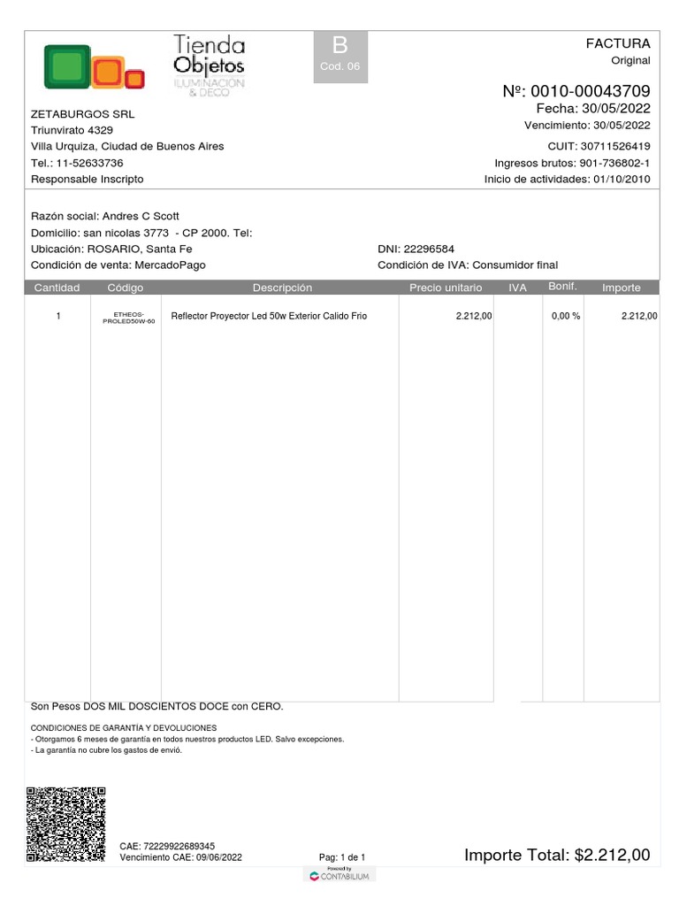 Factura: Cantidad Código Descripción Precio Unitario IVA Bonif. Importe ...