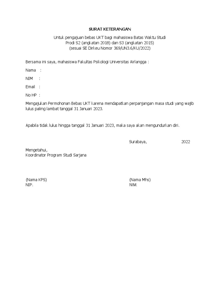 Surat Keterangan Permohonan Bebas Ukt s2 Dan s3 | PDF