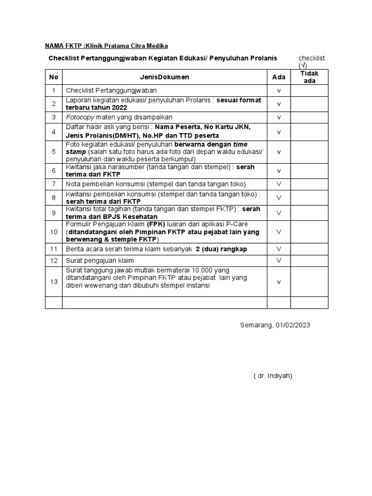 Checklist SPJ Kegiatan Prolanis | PDF