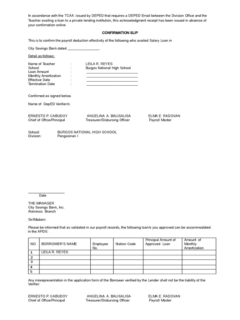 Teacher Loan Confirmation Slip | PDF