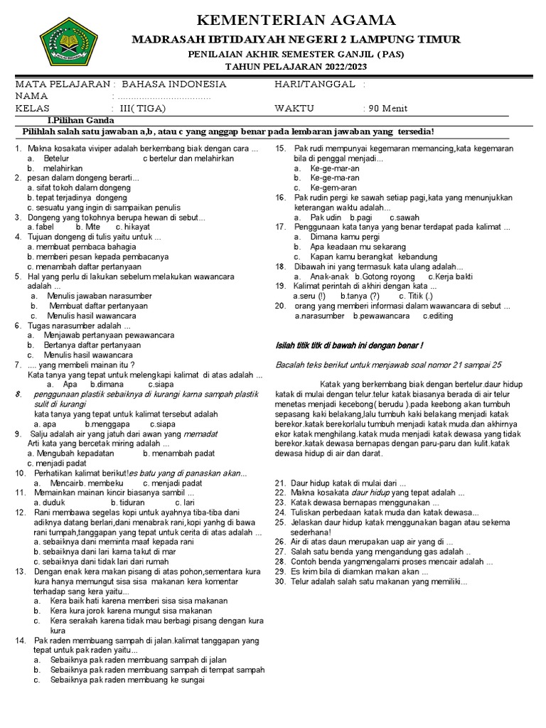 Soal Bahasa Indonesia KLS 3 Ganjil 2022-2023 | PDF