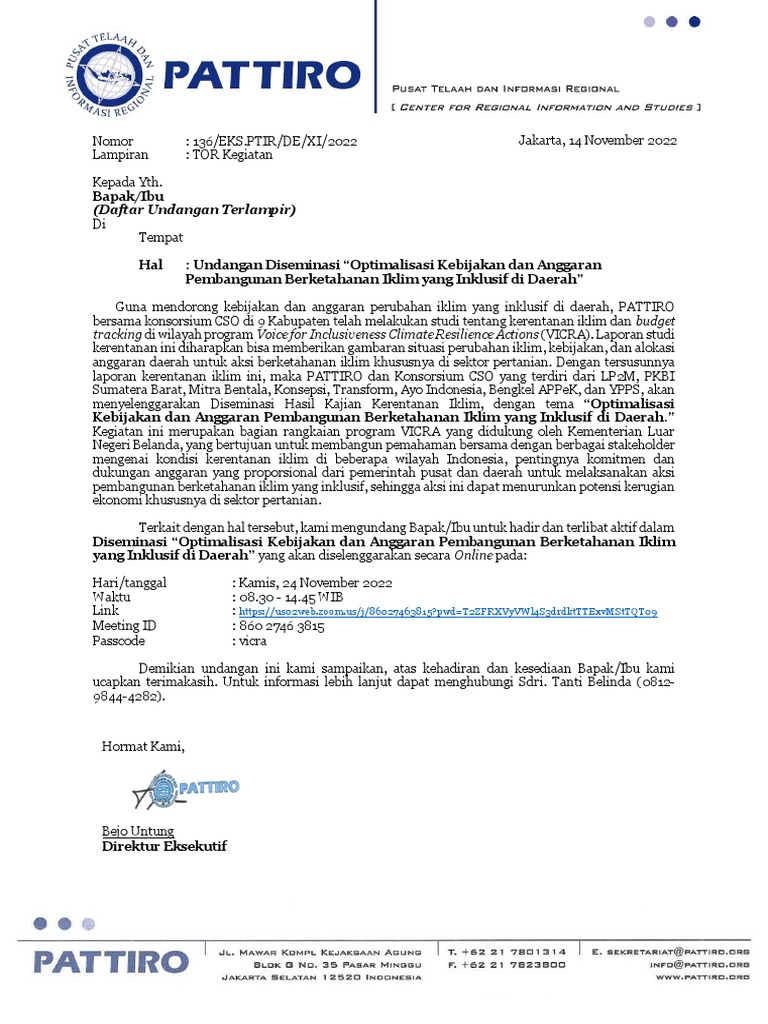 Surat Undangan Dan ToR Kegiatan Diseminasi VICRA | PDF | Teknologi ...