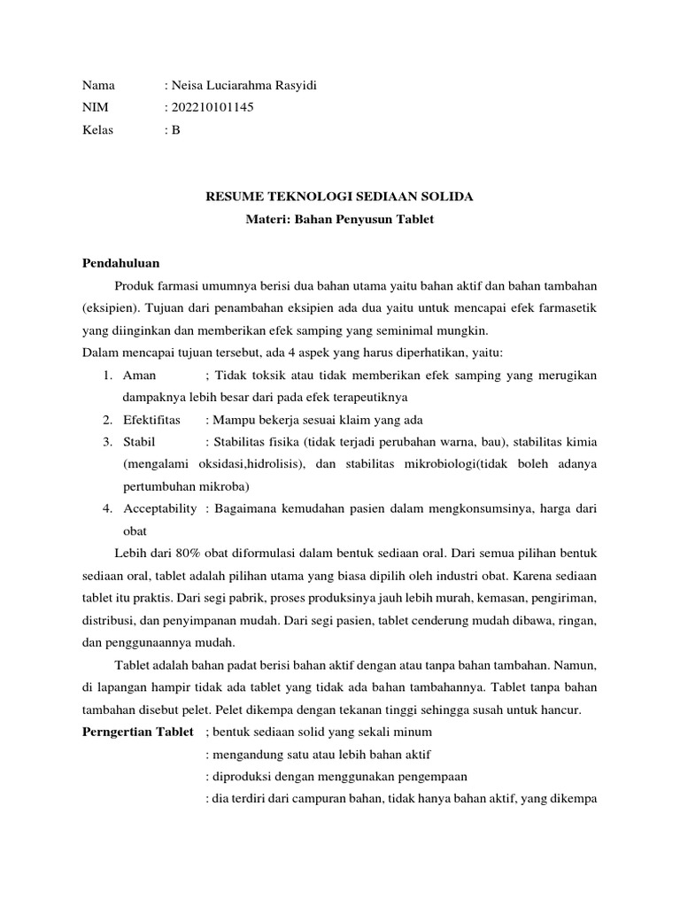 20-145 - Neisa Luciarahma Rasyidi - Resume Bahan Penyusun Tablet | PDF