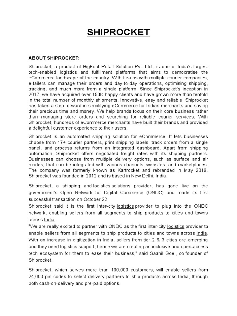 SHIPROCKET | PDF | Logistics | E Commerce