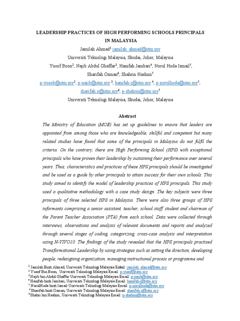 A Model of Transformational Leadership Practices Among High Performing ...