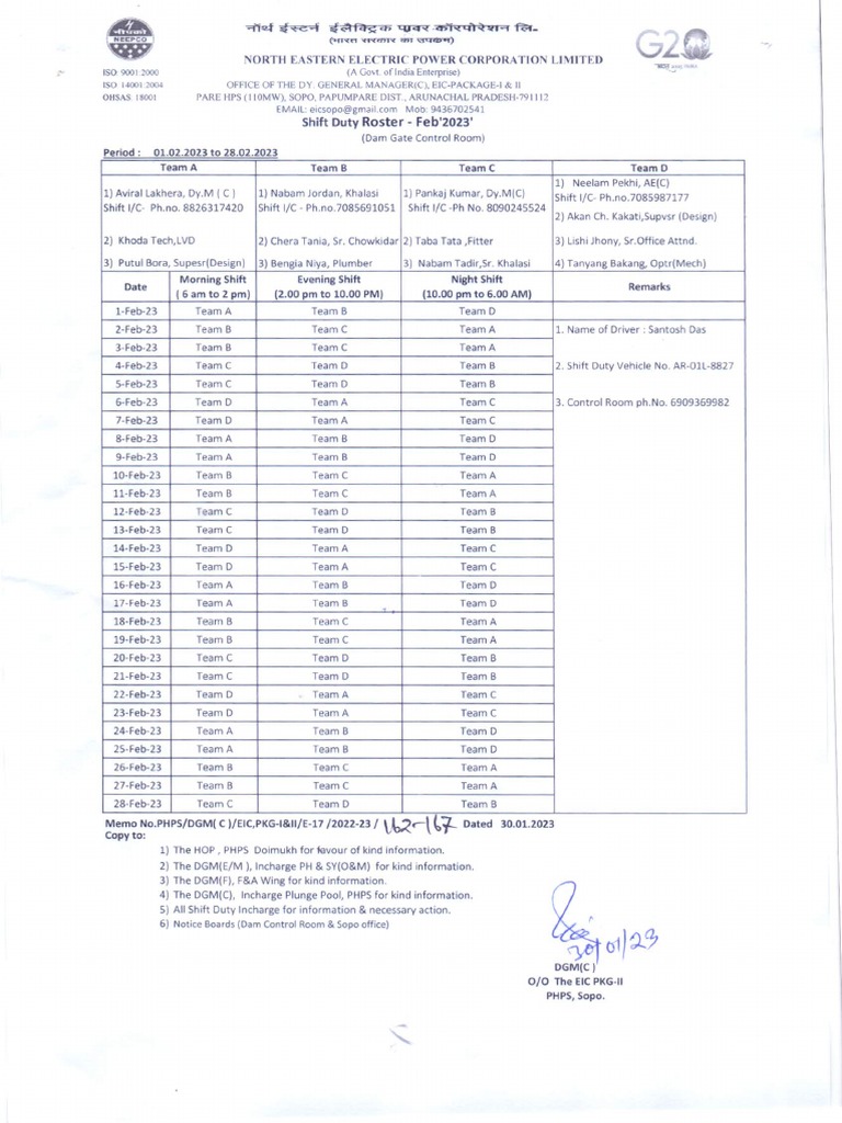 Shift Duty Roster - Feb'2023 | PDF