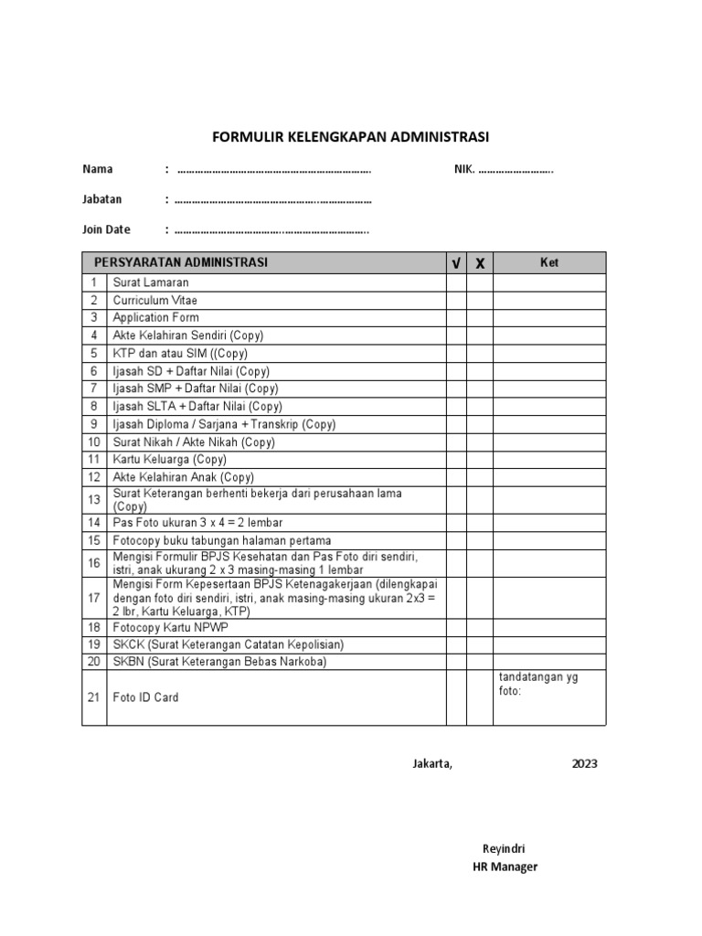 Form Kelengkapan Administrasi | PDF