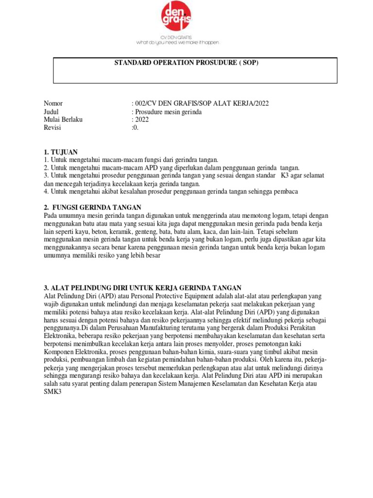 STANDARD OPERATION PROSUDURE PERALATAN Gerinda | PDF