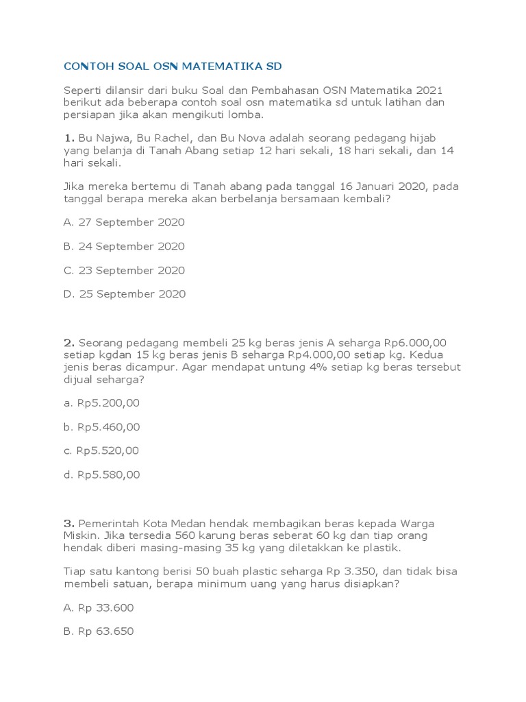 Contoh Soal Osn Matematika SD Kelas 4 | PDF