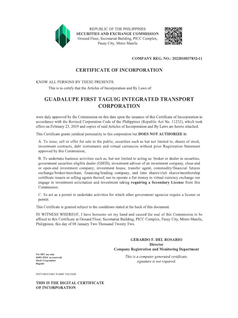 Sec Digital Certificate of Registration (Guaftitc) | PDF