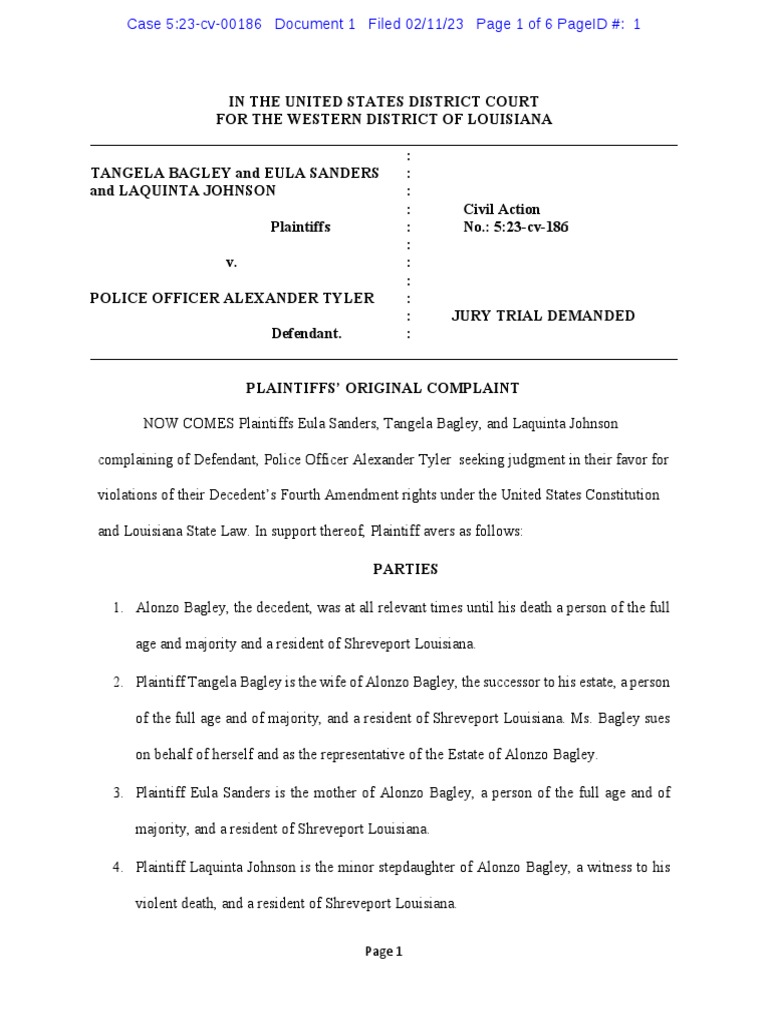 Federal Lawsuit Filed On Behalf of Alonzo Bagley's Family | PDF ...