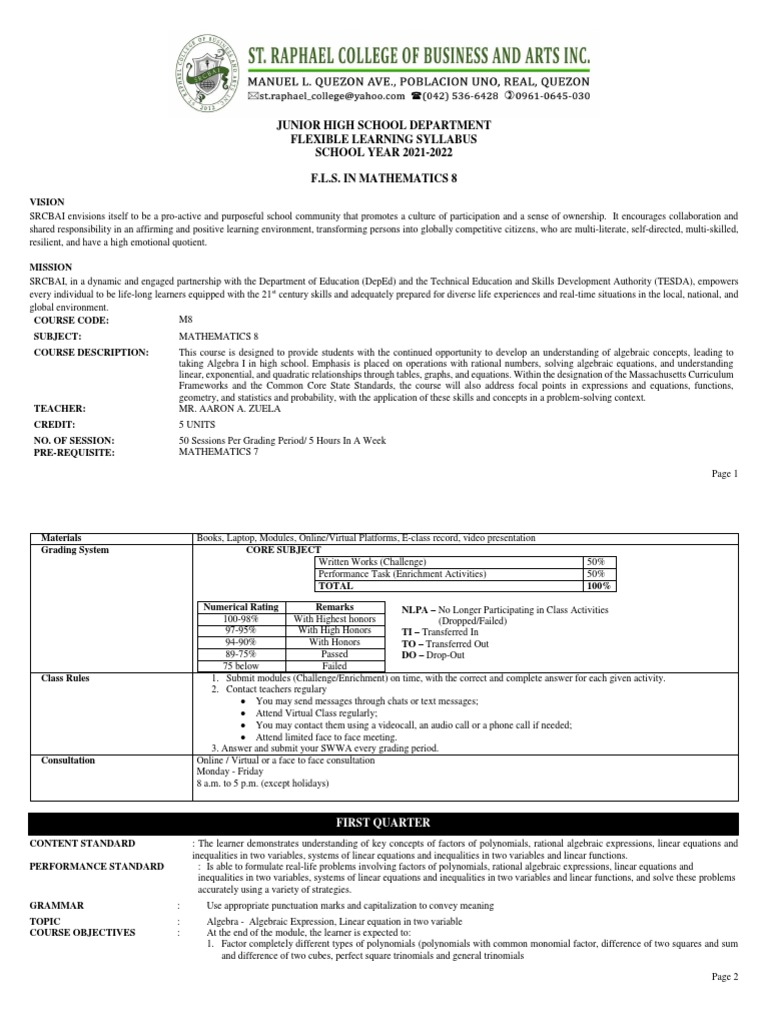 G8 Mathematics Syllabus Sy 2022 2023 | PDF | Equations | Polynomial
