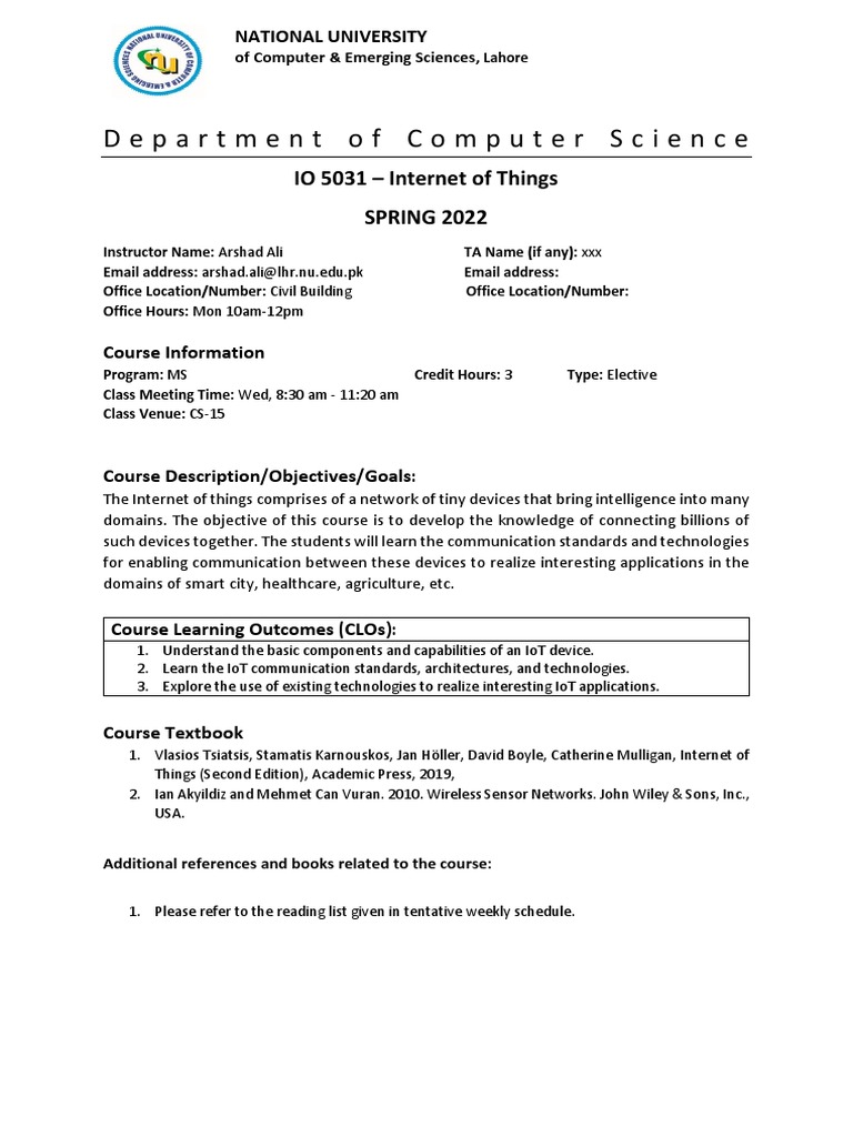 Tentative Course Outline IOT MS Updated | PDF | Internet Of Things | Computer Network