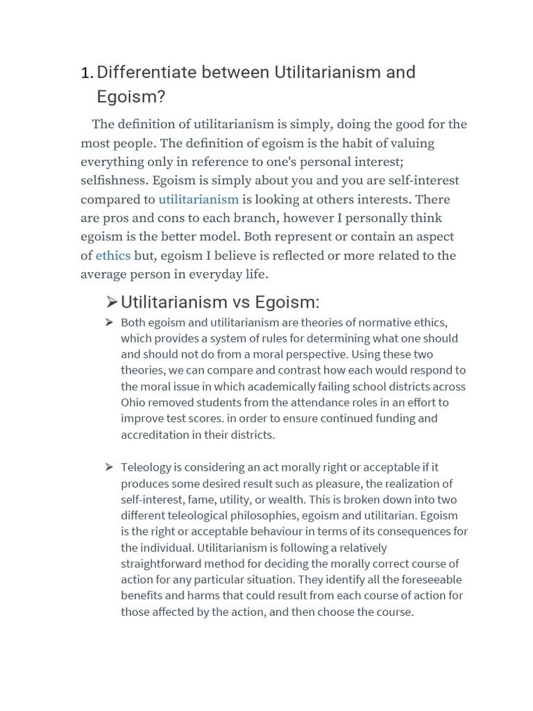 Differentiate Between Utilitarianism and Egoism | PDF