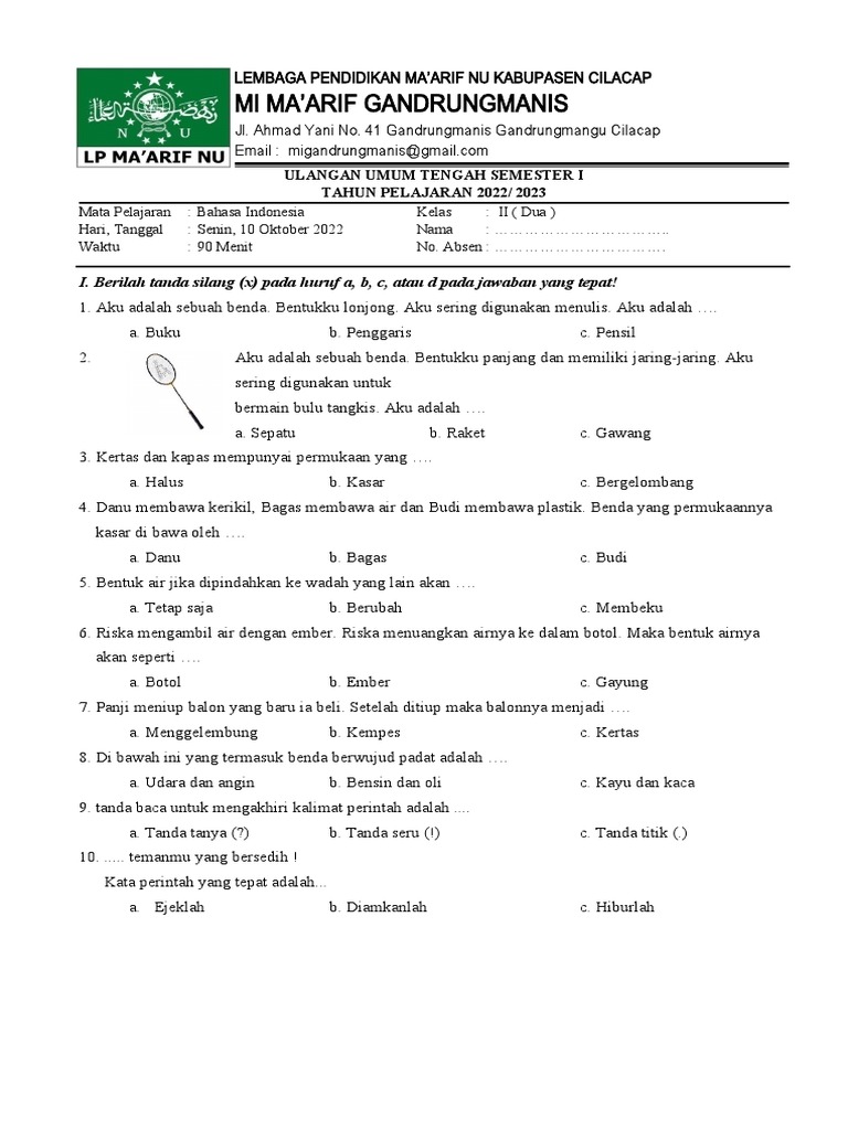 Soal PTS 1 Kelas 2 Smster 1 B. Indo | PDF