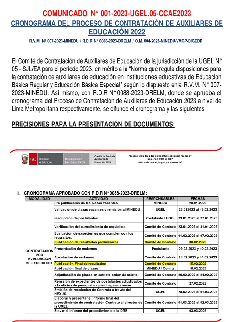Comunicado 001 2023 Ugel05 Cae2023 | PDF | Gobierno y personalidad | Control de acceso