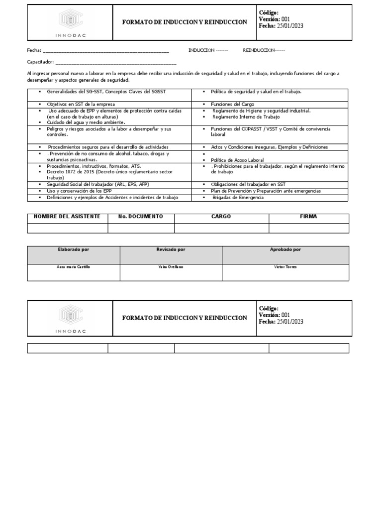 Formato de Induccion y Reinduccion | PDF