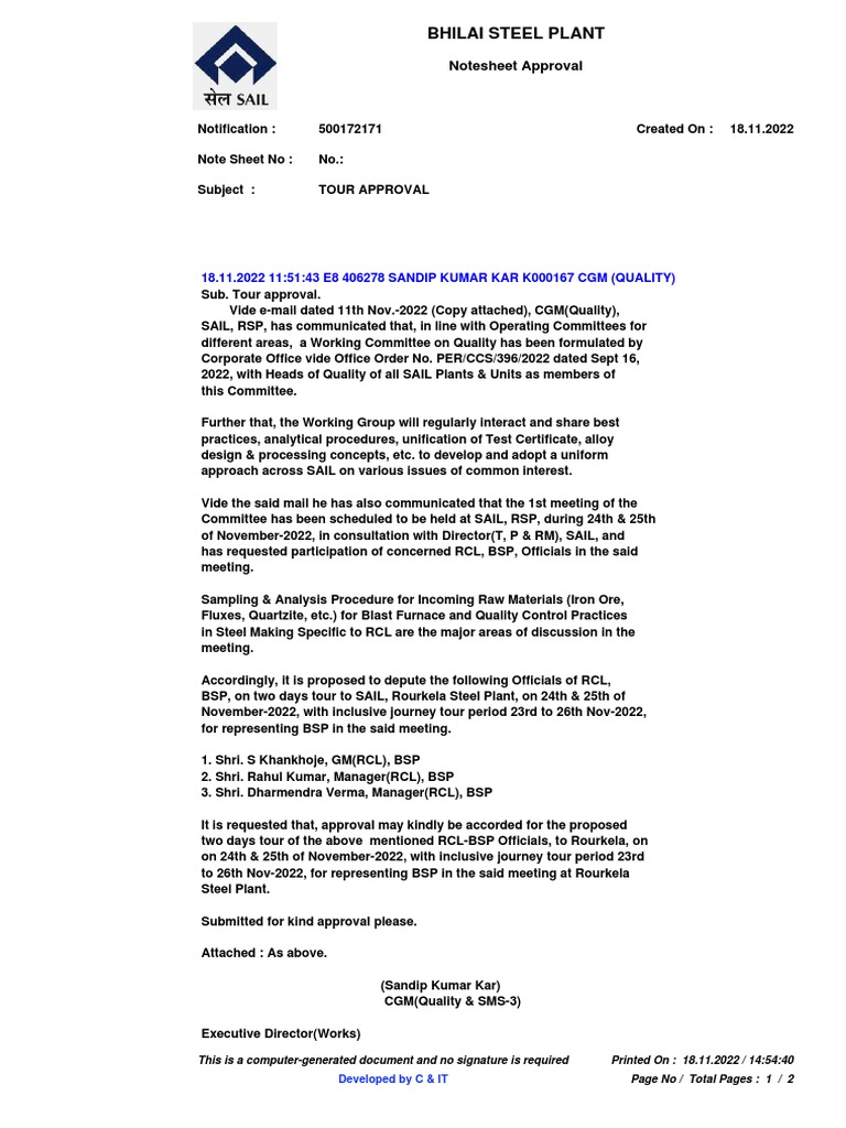 Approval For Tour To RSP | PDF | Metals | Materials