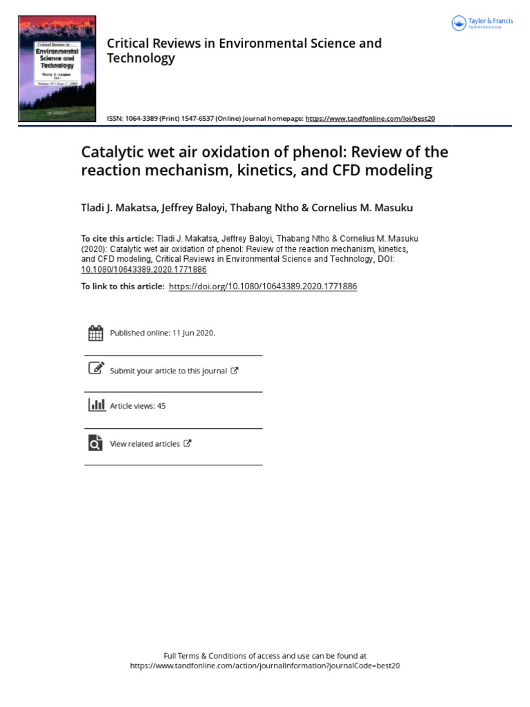 Catalytic Wet Air Oxidation of Phenol: Review of The Reaction Mechanism, Kinetics, and CFD ...