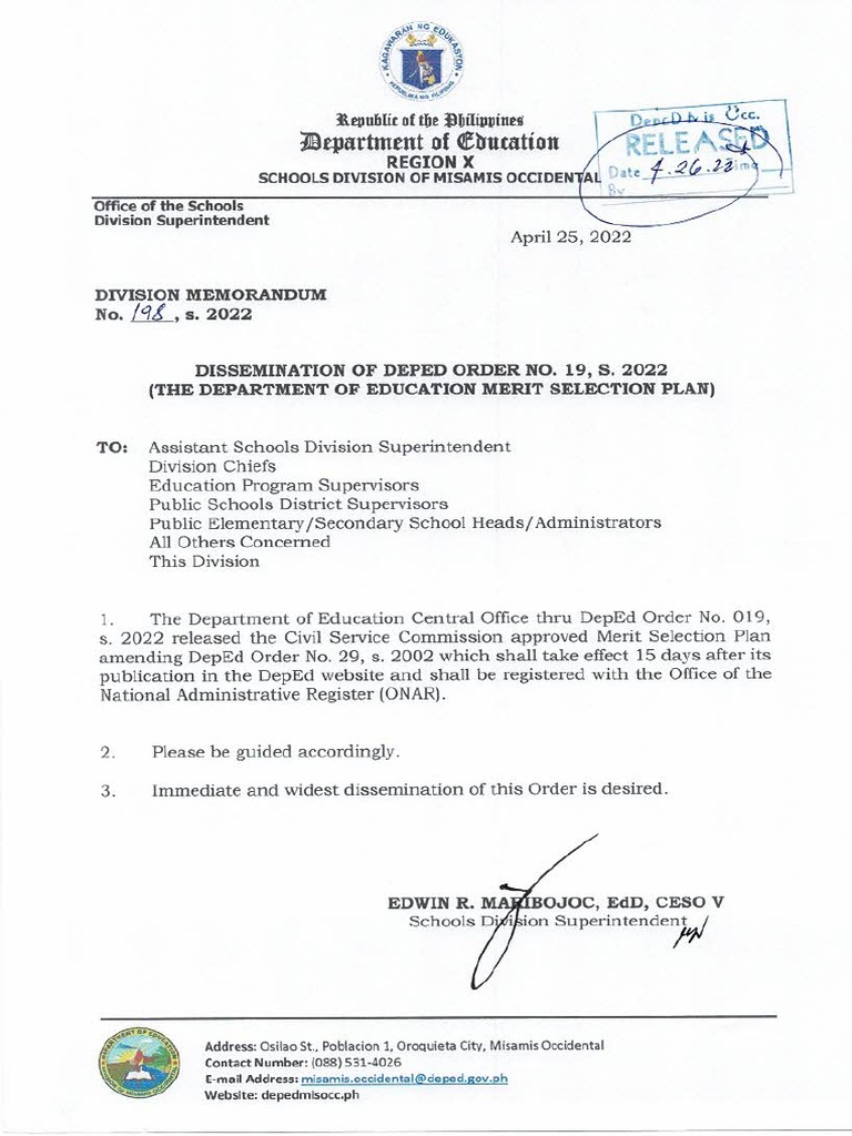 DepED Mis Occ - DM.-198-S.-2022-DISSEMINATION-OF-DEPED-ORDER-NO.-18-S ...