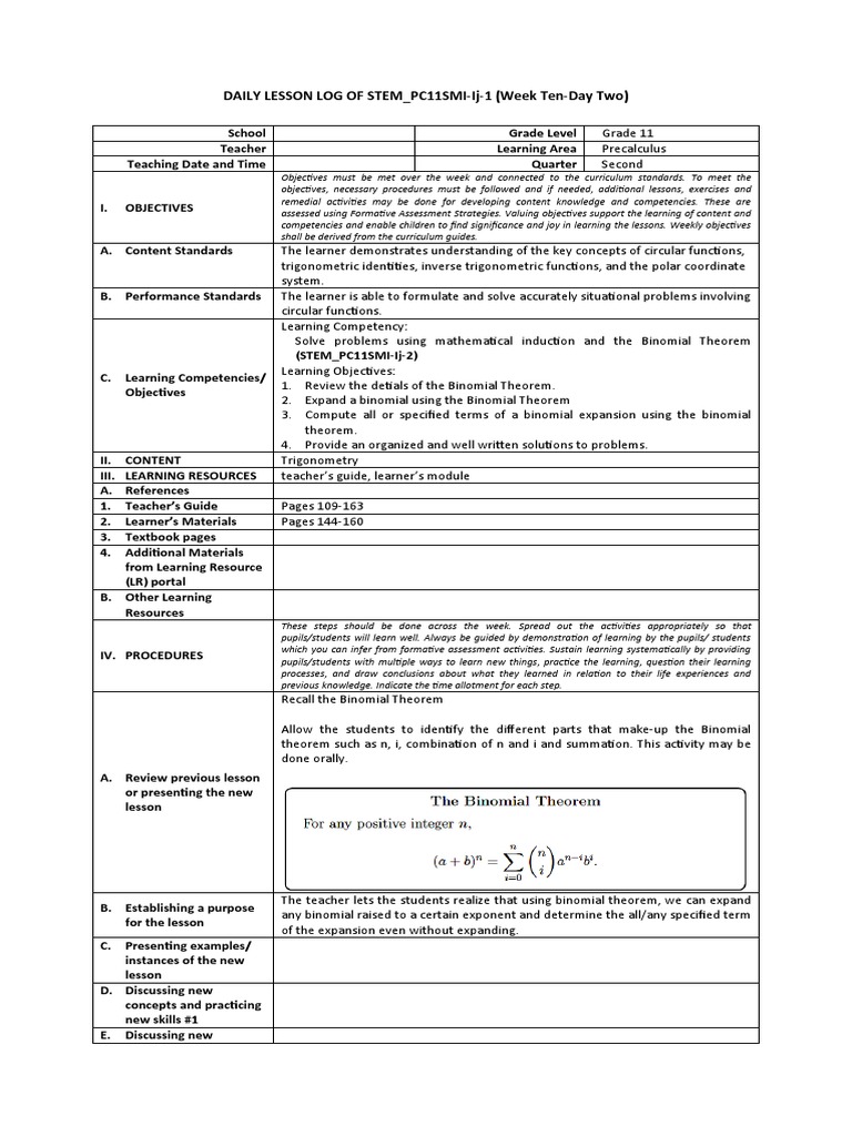 Grade 11 Precalculus Lesson Plan | PDF | Educational Assessment | Learning