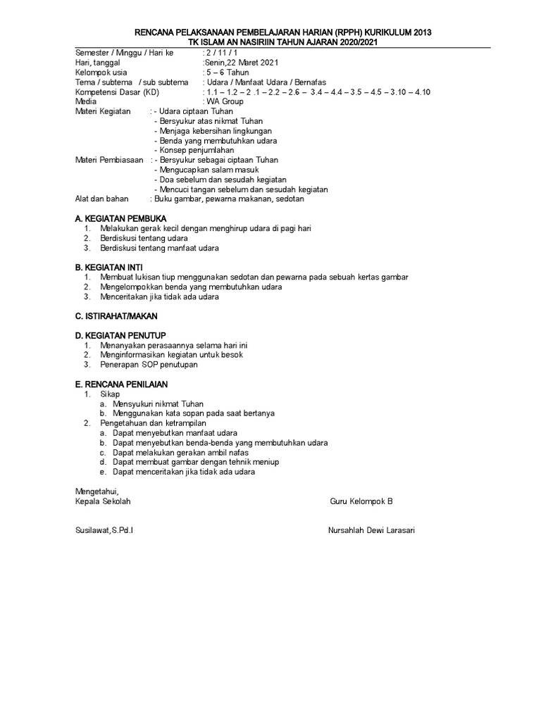 RPPH Tema Udara untuk TK 2021 | PDF