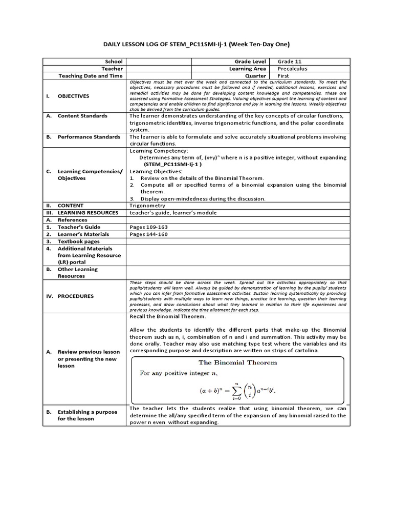 DAILY LESSON LOG OF STEM - PC11SMI-Ij-1 (Week Ten-Day One) | PDF ...