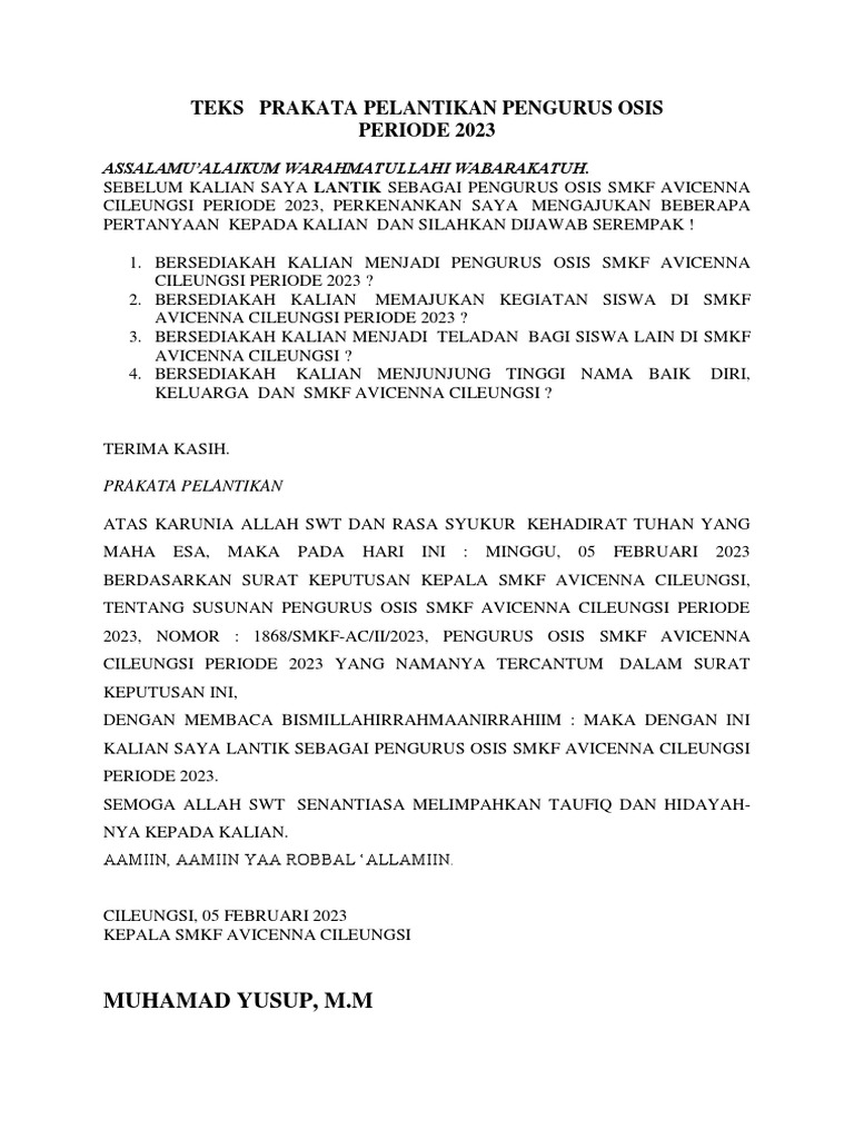 Teks Pelantikan Dan Ikrar Janji Osis Periode 2023 | PDF
