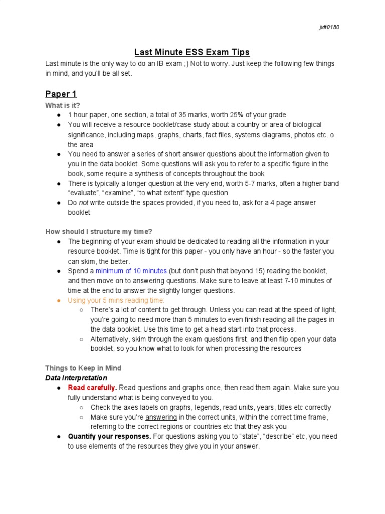 Ess Last Minute Exam Tips - Paper 1 & 2 | Download Free PDF ...